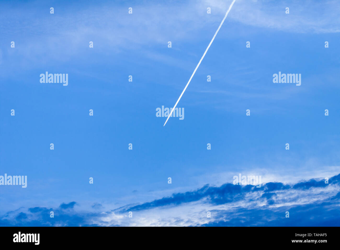 Clear sky airplane cloud. Contrail vapor trail plane steam oxygen ...