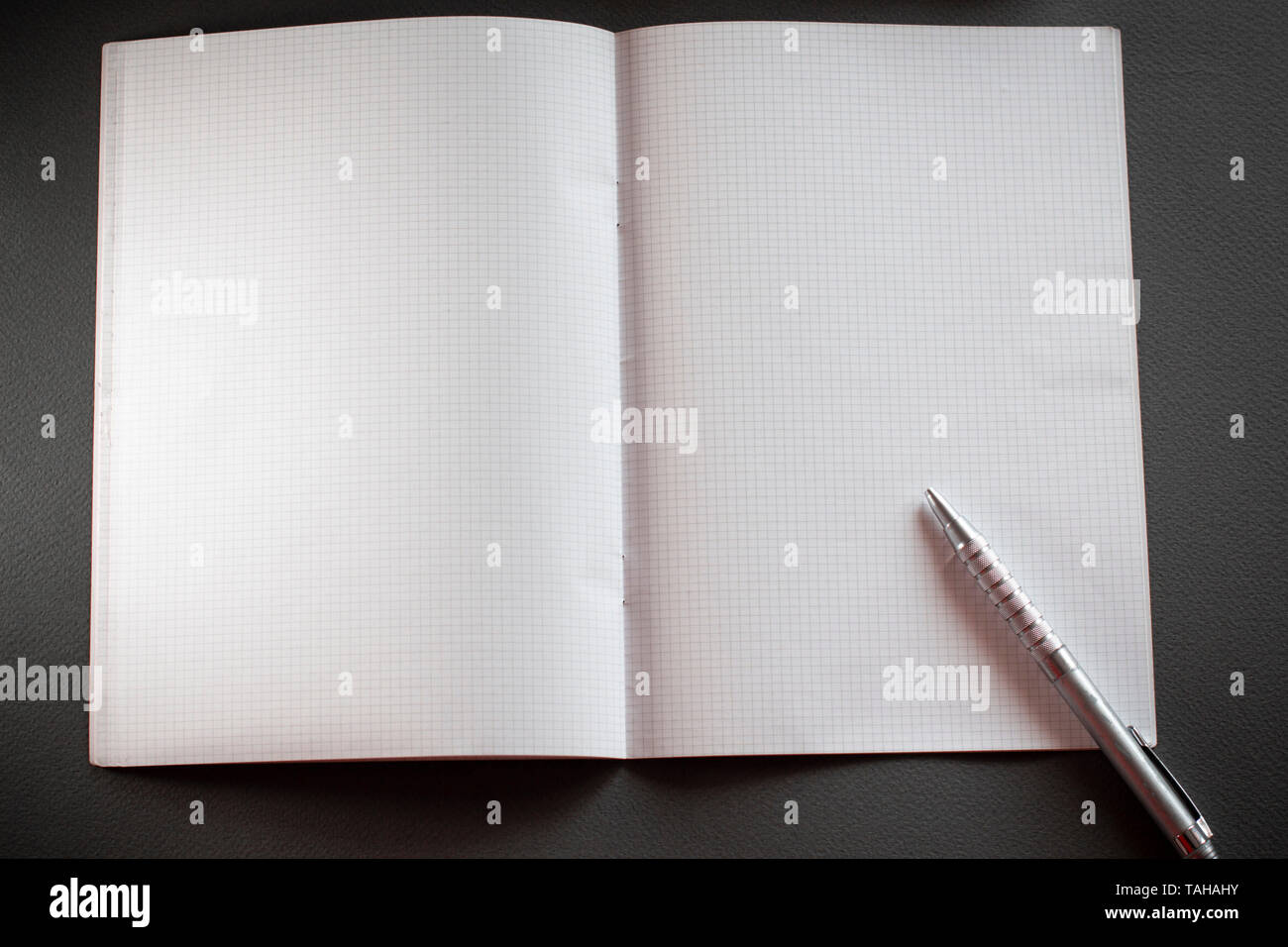 Checkered math book and classic silver pen placed above textured work ...