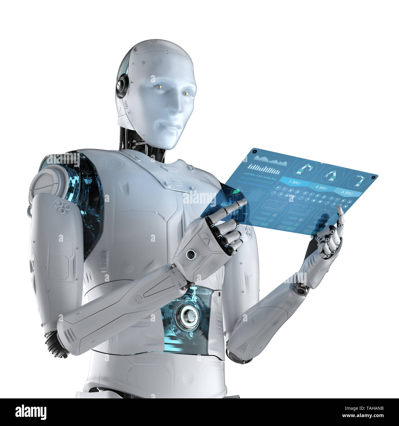 Automation factory concept with 3d rendering cyborg with glass tablet ...