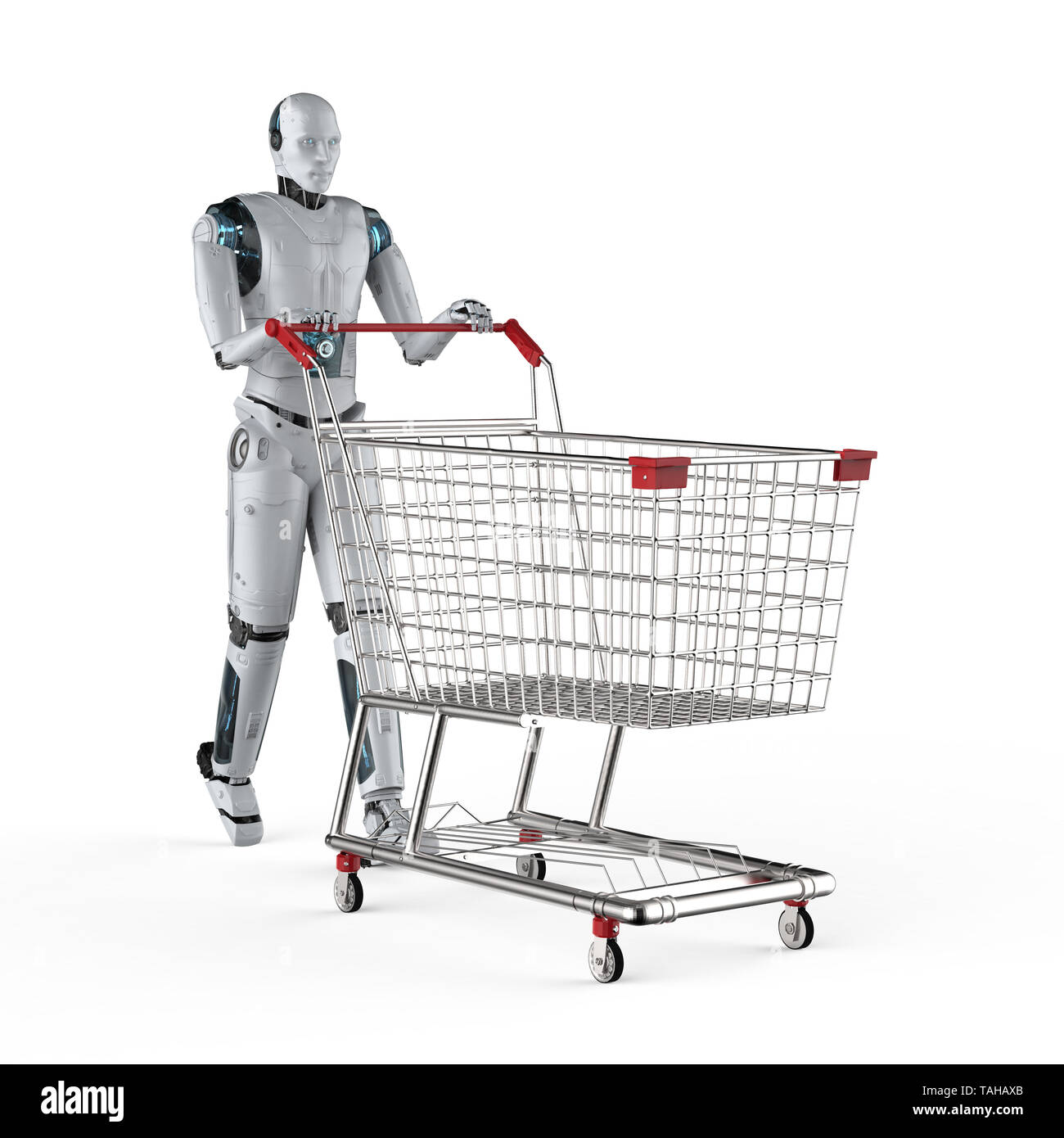 Online shopping concept with 3d rendering robot hold shopping cart ...