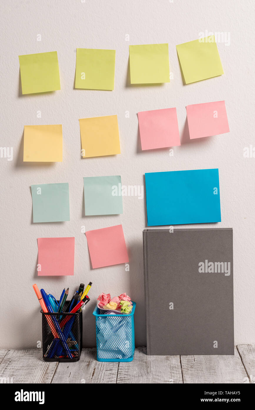 12 Sticky Notes Card on Wall 2 Pencil Pots Hardcover Notebook on Work ...