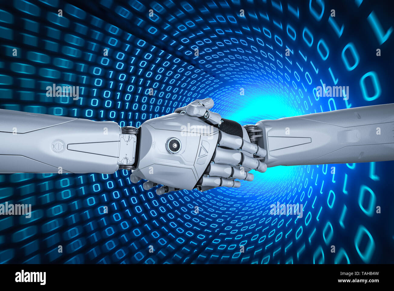 3d rendering robot hand shaking with binary tunnel background Stock Photo - Alamy