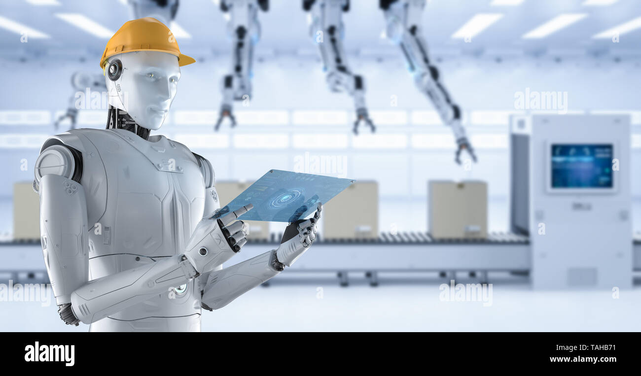 3d rendering engineer robot wearing safety helmet Stock Photo - Alamy