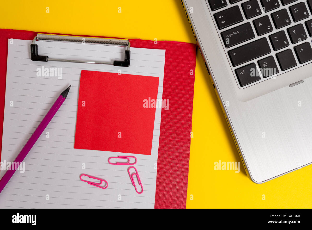Metallic laptop clipboard paper sheet clips pencil note colored ...