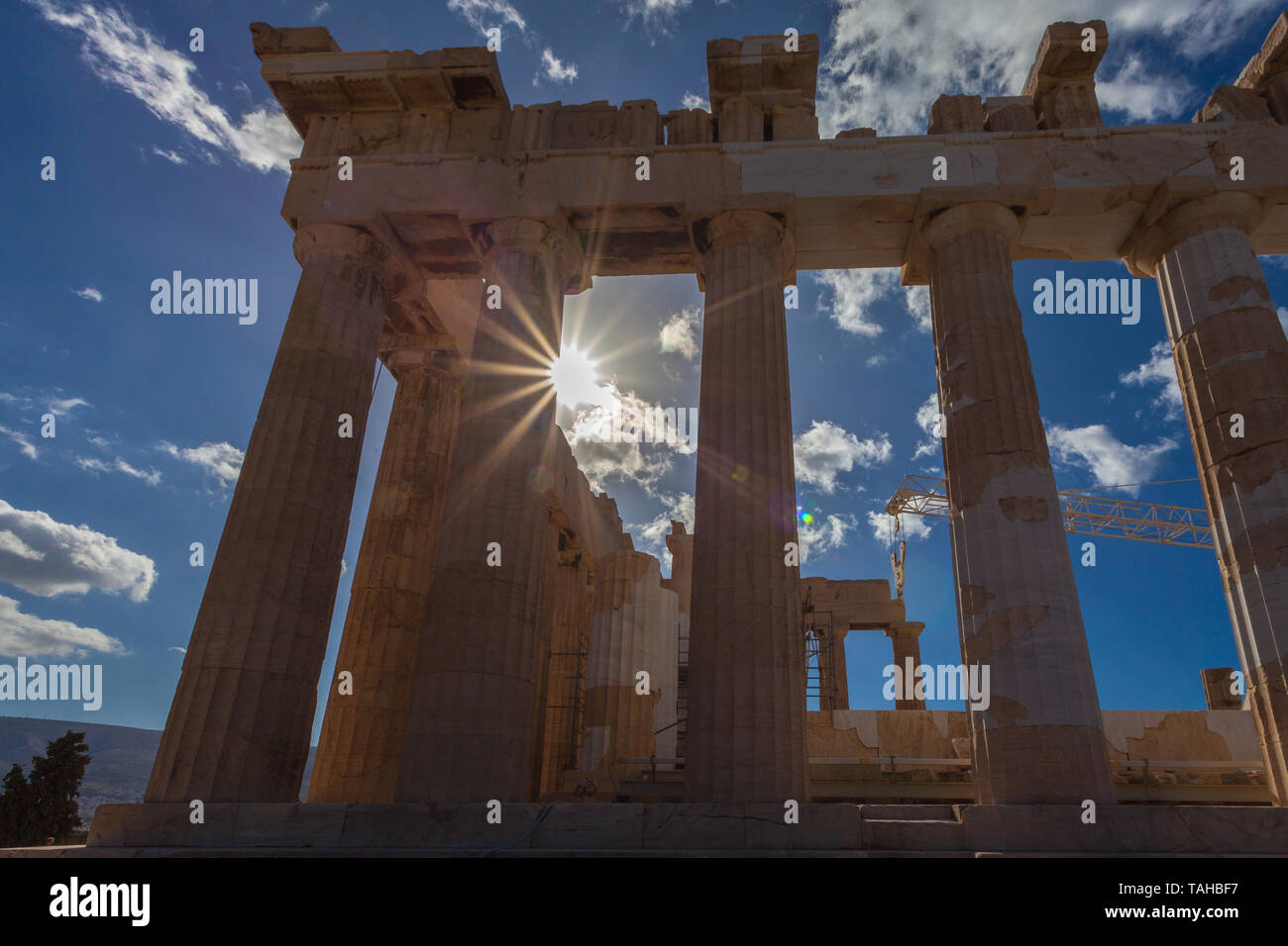 The Parthenon's columns in the Acropolis with sun rays in the background, Athens, Greece Stock ...