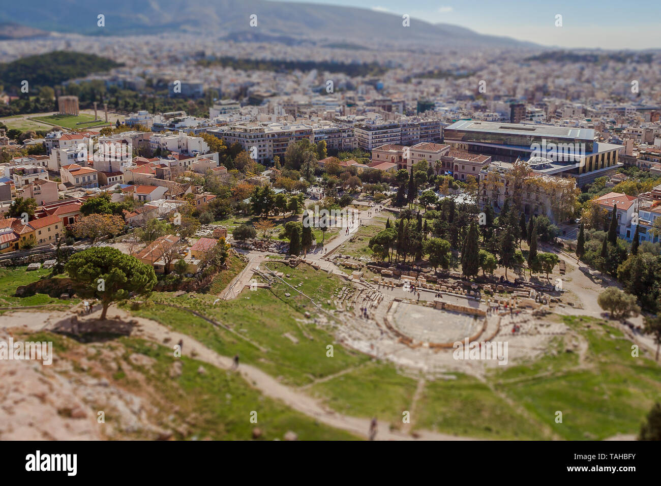 Tilt shift effect of the Theater of Dionisio and the Odeo of Pericles ...
