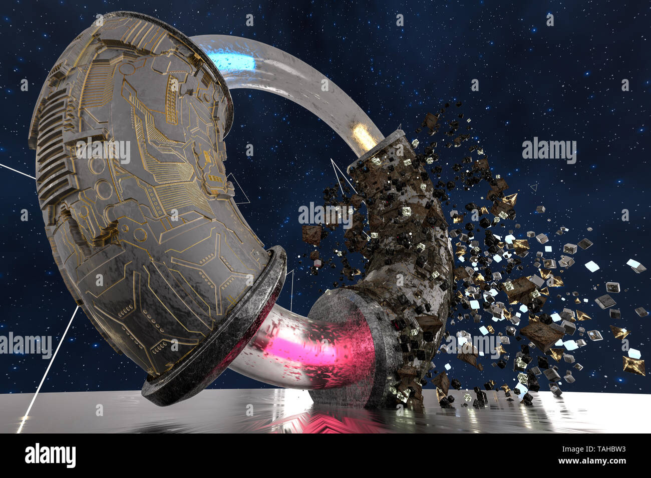 3d rendering, scientific mechanical ring in the outer space. Computer ...
