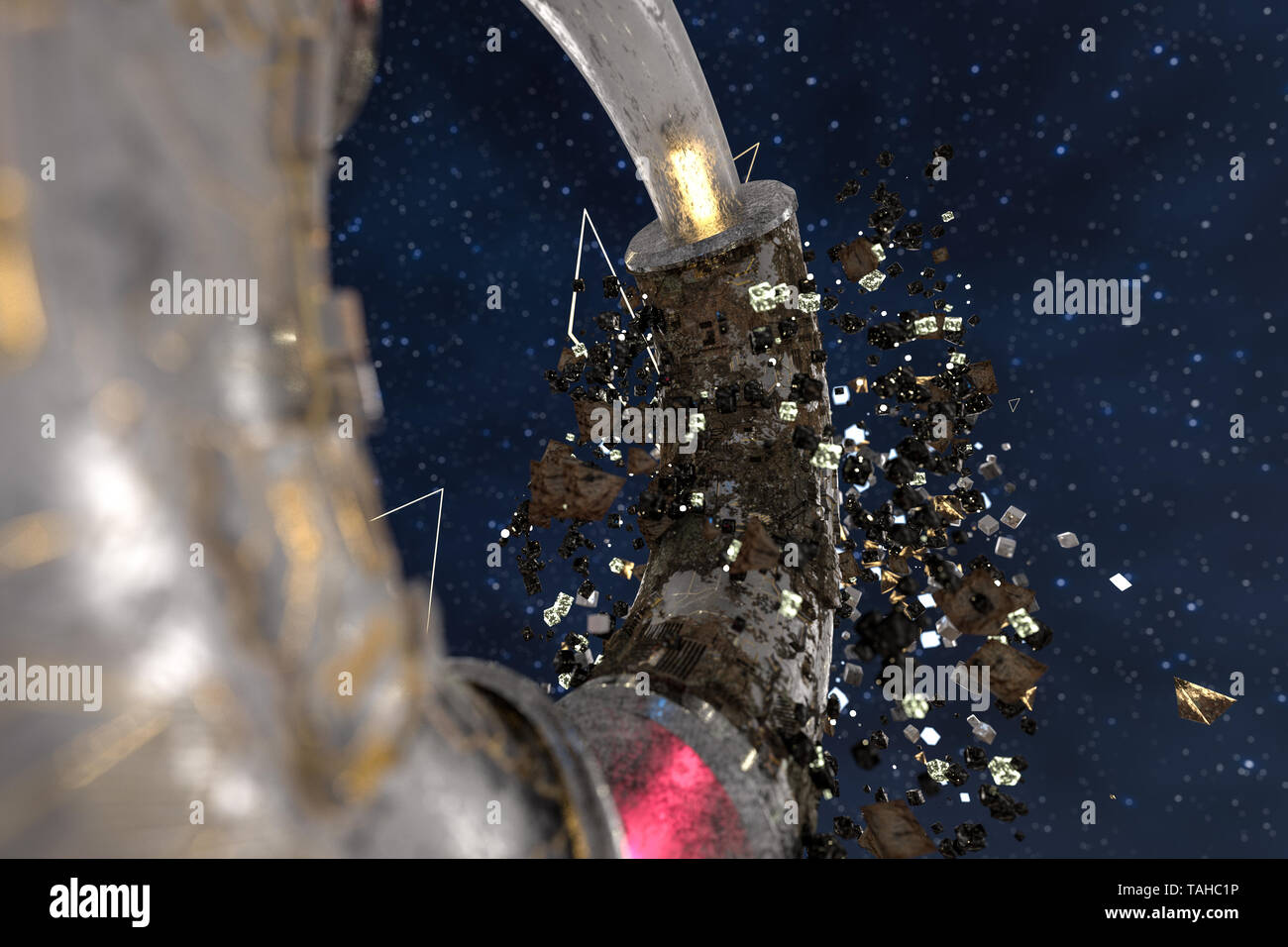 3d rendering, scientific mechanical ring in the outer space. Computer ...