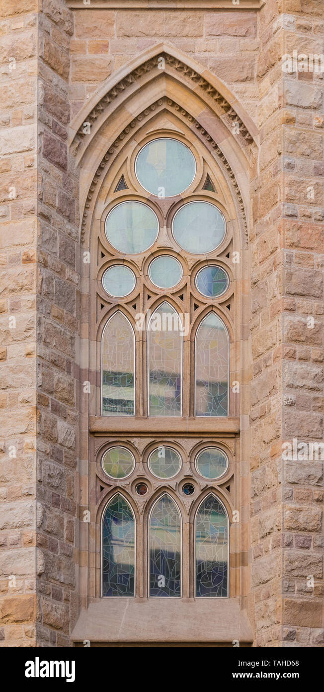 Barcelona, Catalonia, Spain - November 19, 2018: A stained glass window ...