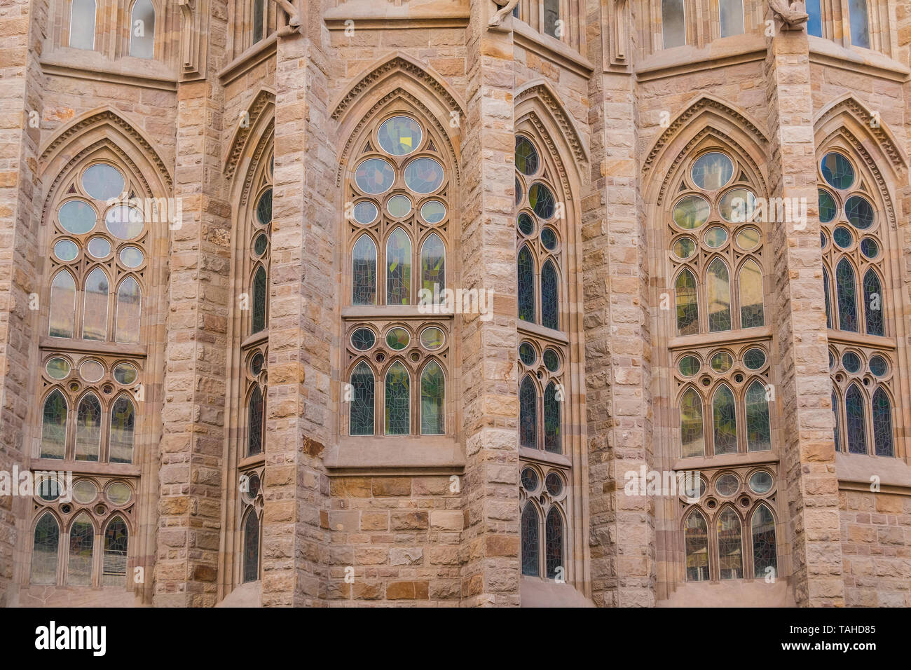 Barcelona, Catalonia, Spain - November 19, 2018: A stained glass ...