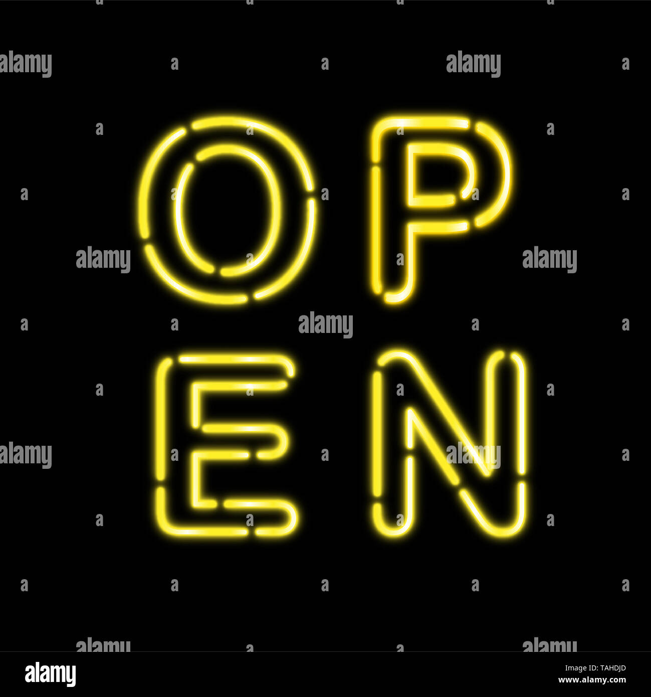 Open sign neon light yellow text on black background glow in the dark ...