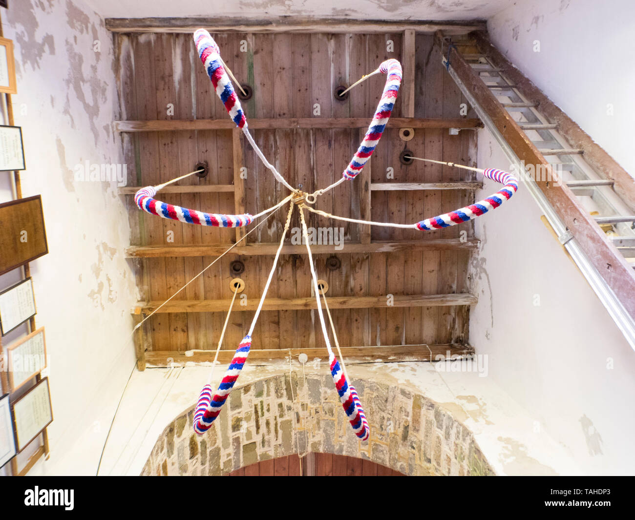 Church bell ringer's ropes, St Nectan's Church, Welcombe, Devon Stock ...