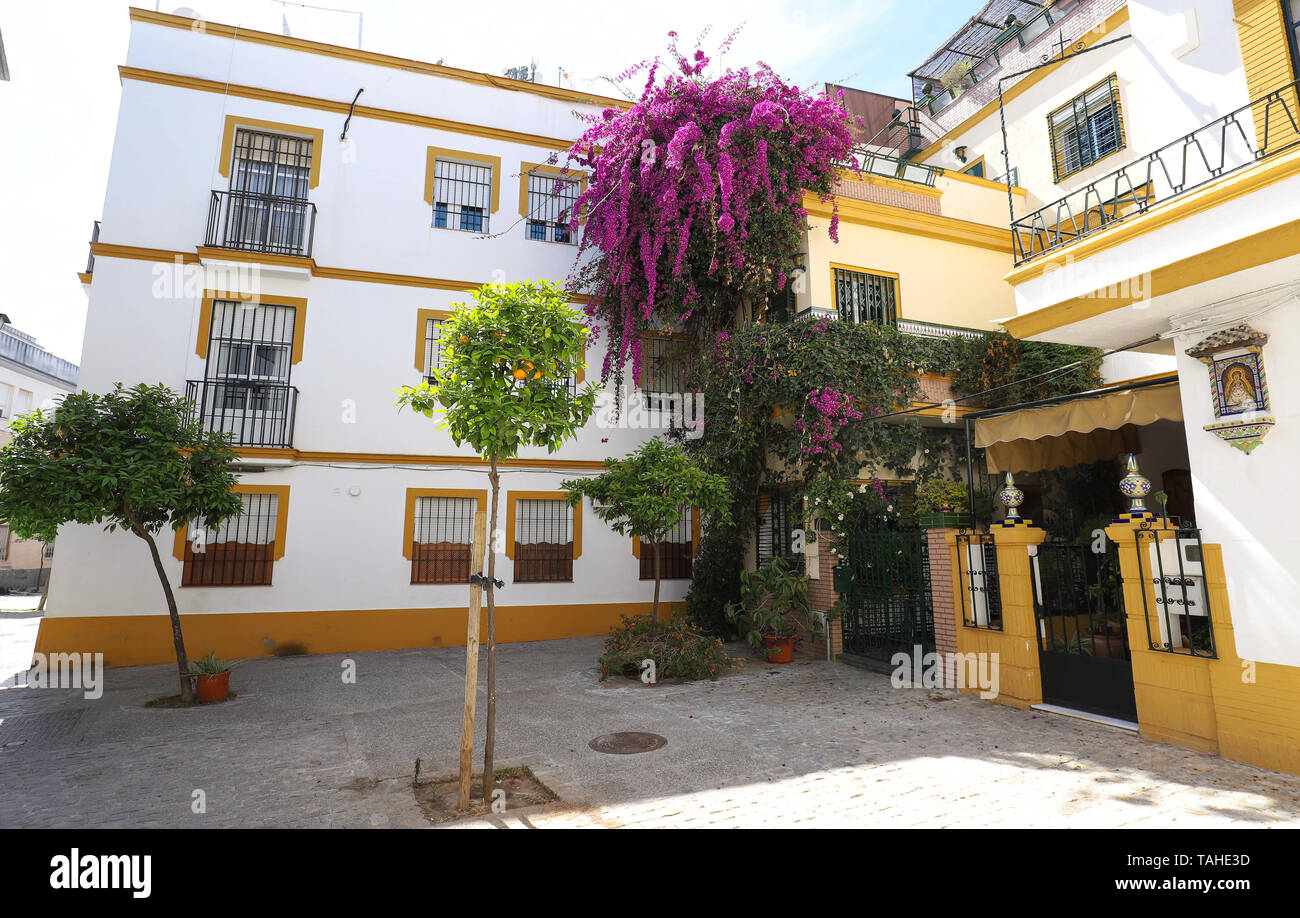 Quiet courtyard of traditional Spanish house with stone arches and ...