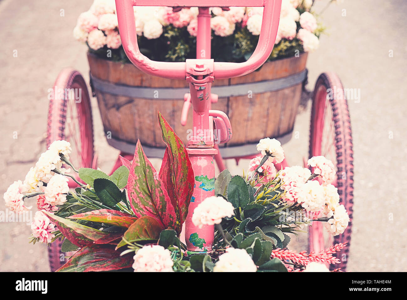 Old bike with pink flowers hi-res stock photography and images - Alamy