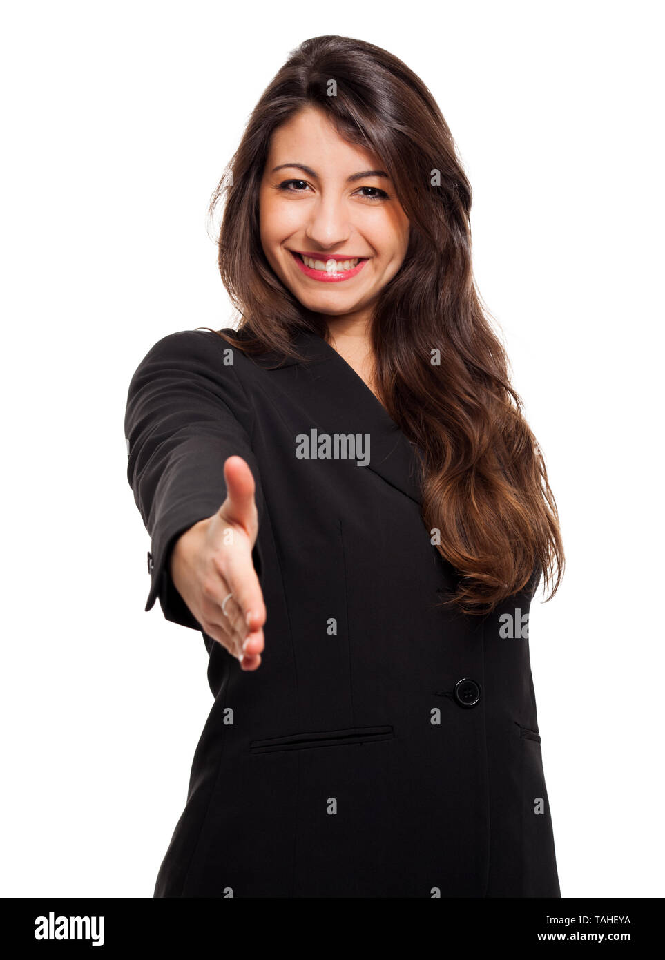 Smiling businesswoman standing over white isolated background, business ...