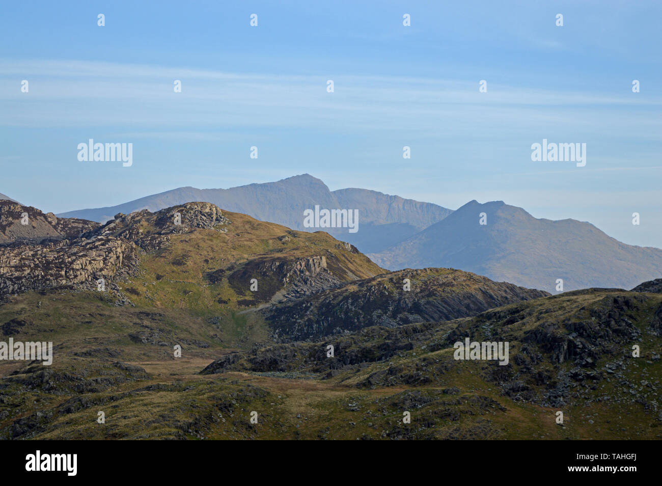 Views of Snowdon from path up to summit of Cnicht Snowdonia Stock Photo ...