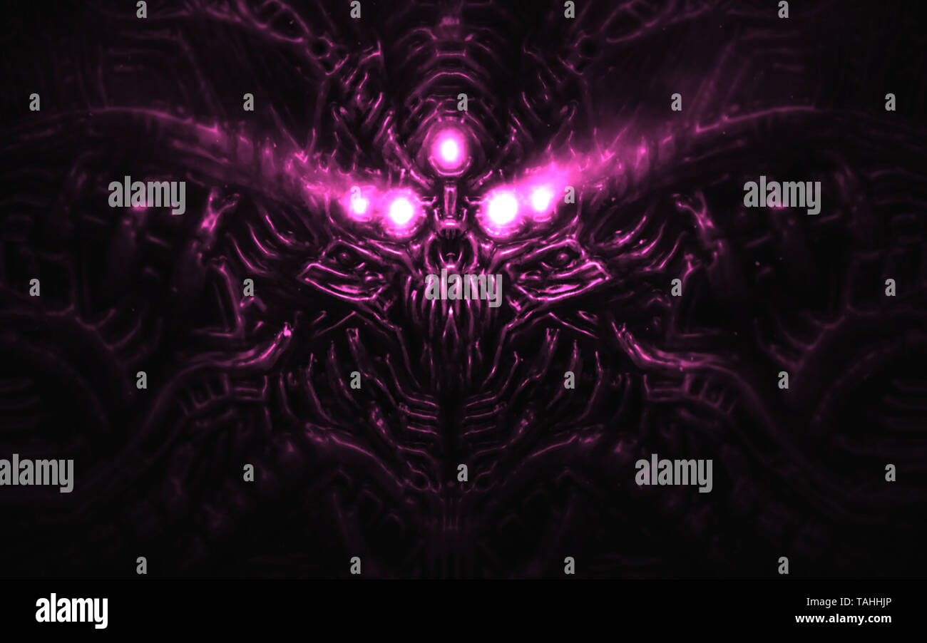 Alien head of cybernetic organism with wires and mechanisms. Aastronaut ...