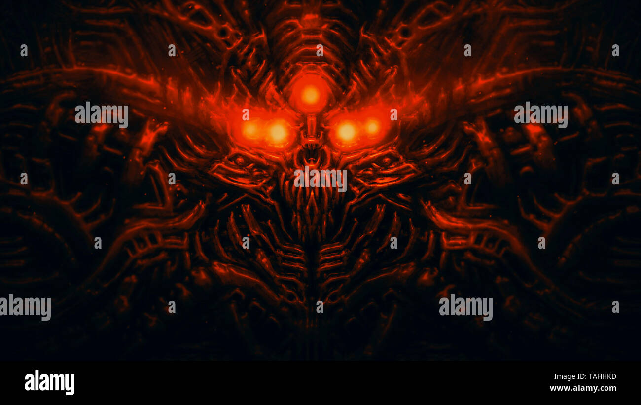 Terrible skull head of cybernetic organism with wires. Illustration in ...