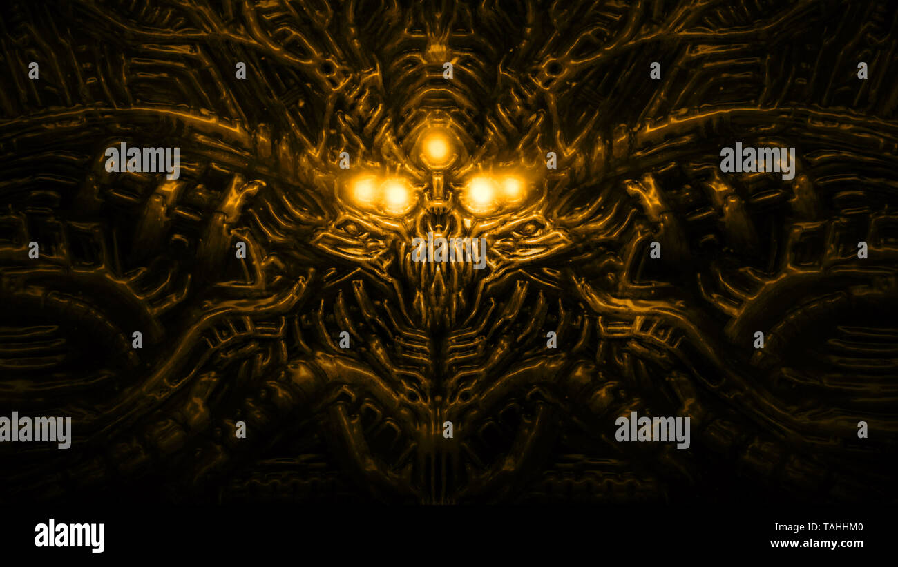 Terrible skull head of cybernetic organism with wires and mechanisms ...