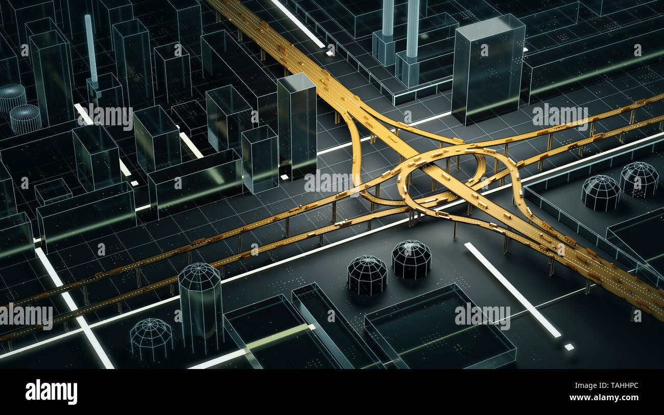 abstract high tech city with complex road junction. smrt city, internet ...