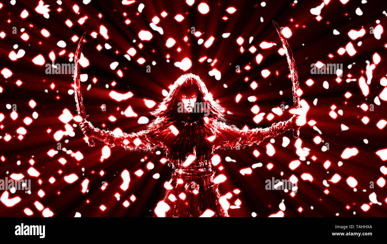 Black silhouette woman warrior with two raised blades. Rain of falling ...