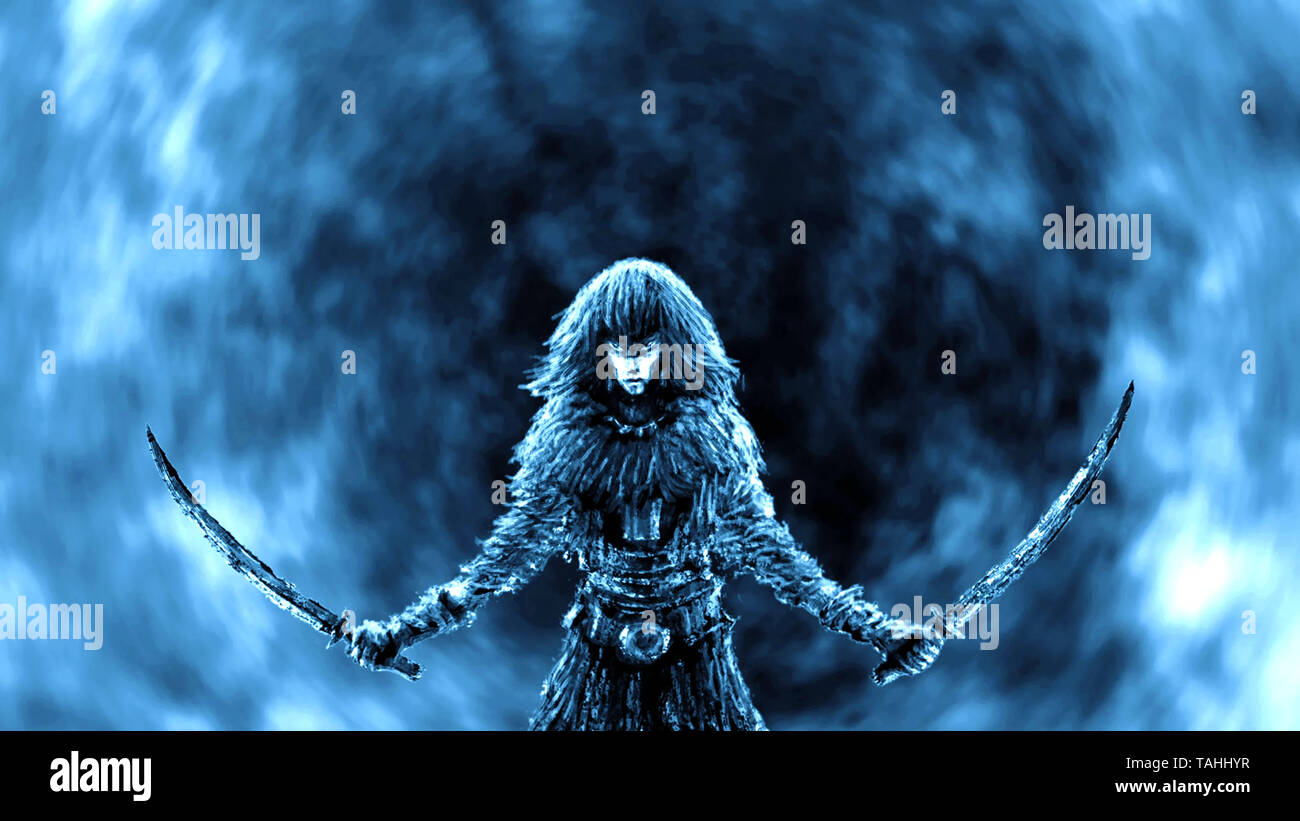 Warrior woman with two raised sabers. Fantasy illustration. Blue ...