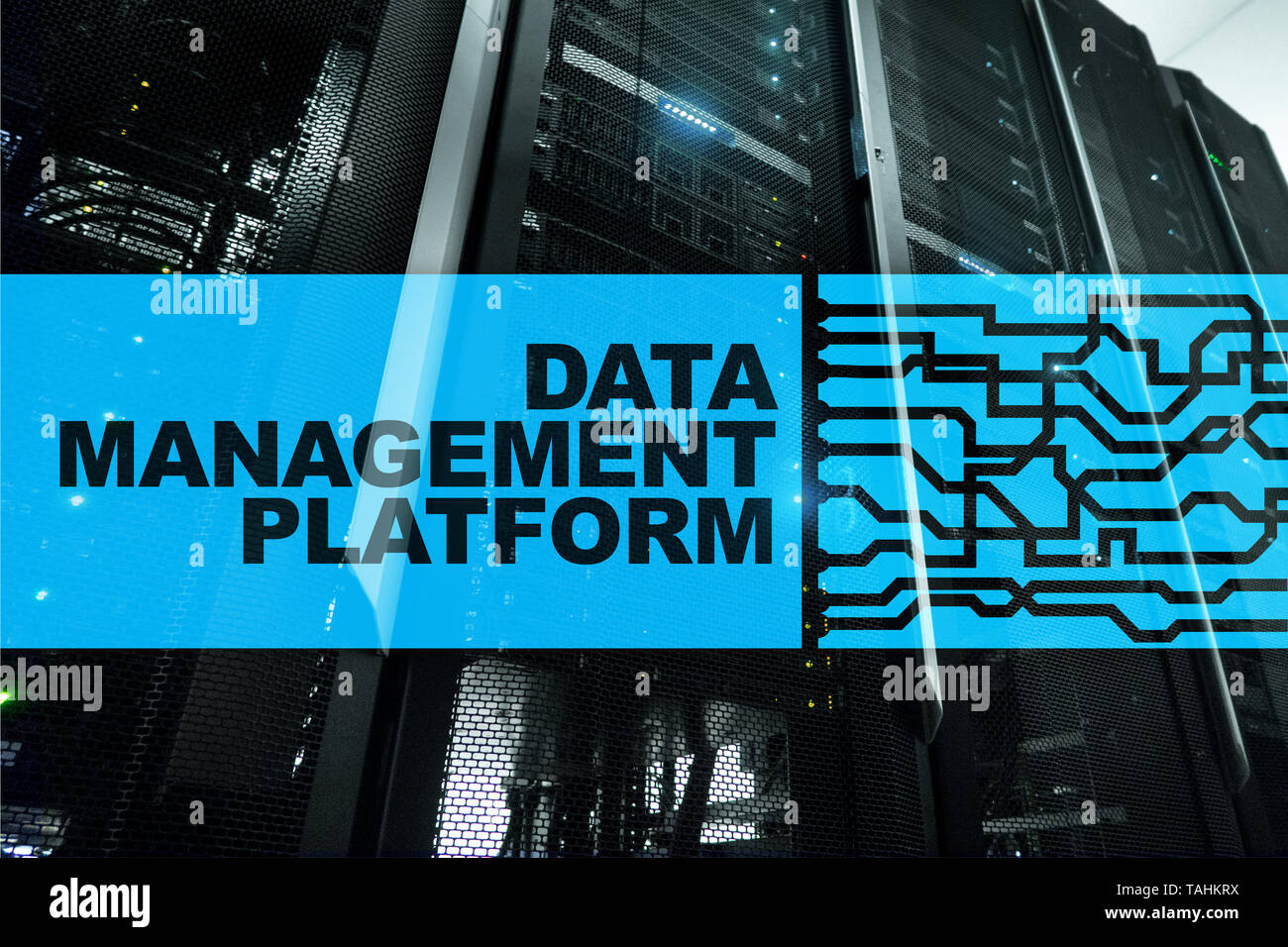 Data management and analysis platform concept on server room background ...