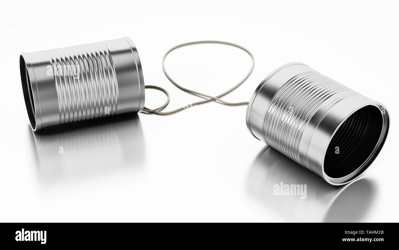 Tin cans connected to each other with a rope. 3D illustration Stock ...