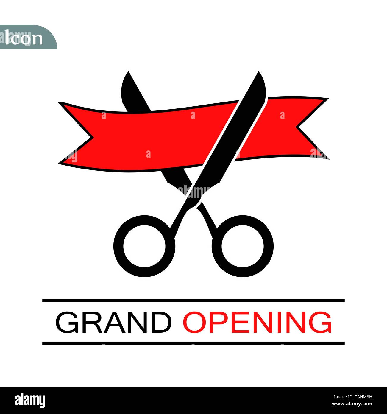 Grand opening ceremony, isolated illustration. Black scissors cutting ...