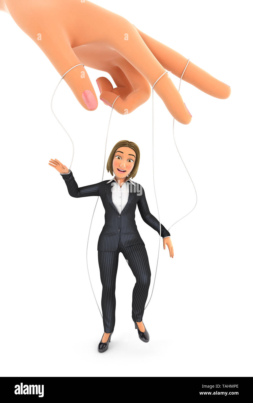 3d business woman puppet concept, illustration with isolated white ...