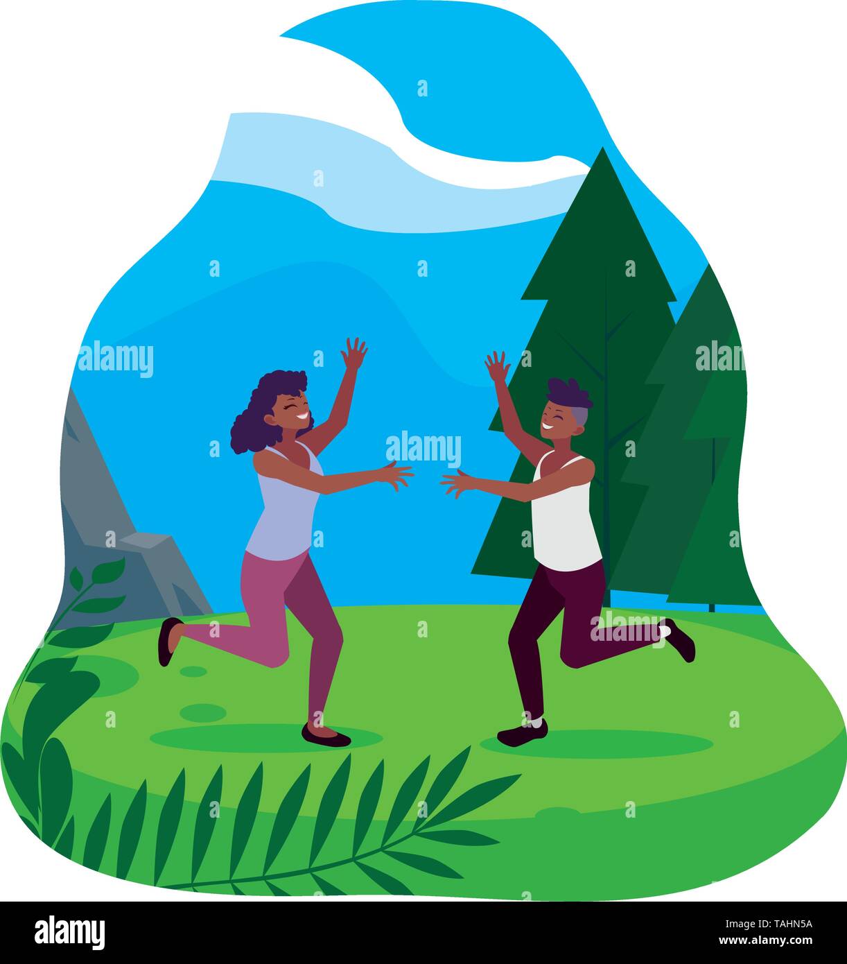 afro young couple celebrating in the park vector illustration design ...