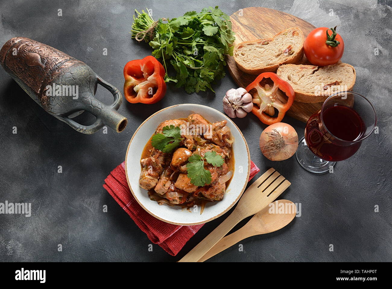 Chakhokhbili - traditional Georgian dish. Chicken stewed with fresh ...