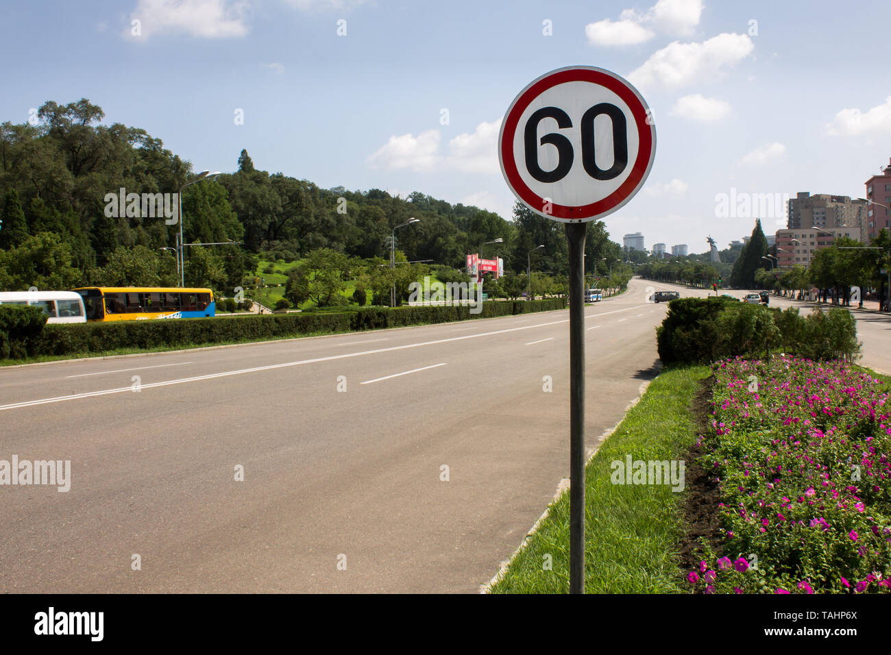 Pyongyang, North Korea - July 27, 2014: Road sign on the street in ...