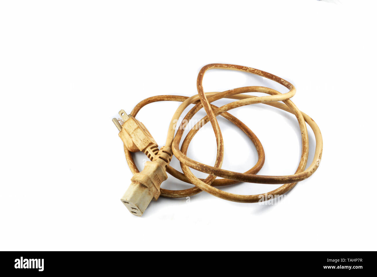 Old power plug computer electrical Power supply cable isolated on white ...