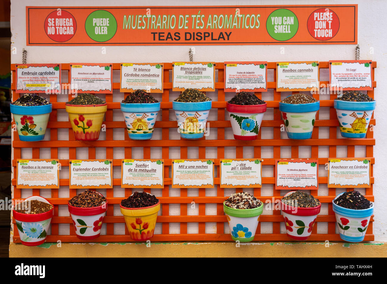 Select of loose leaf tea on sale outside a shop in Cordoba, Andalusia ...