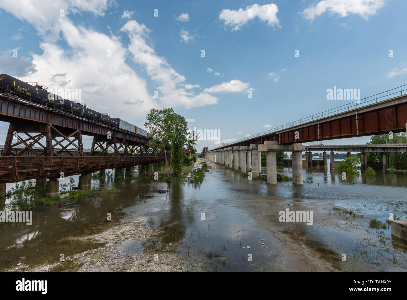 Two bridges over the Mississippi river in Memphis in springtime ...