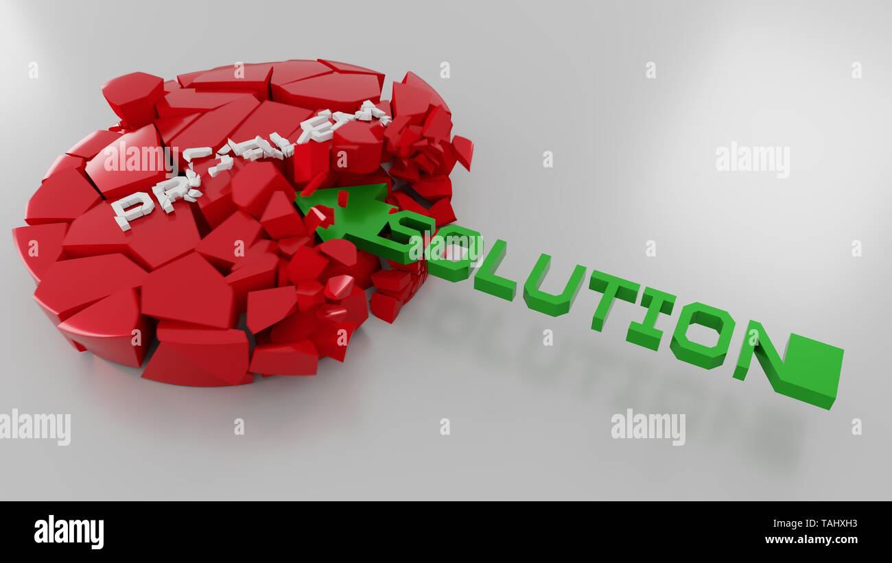 An "solution"-shaped arrow breaking a problem Stock Photo - Alamy