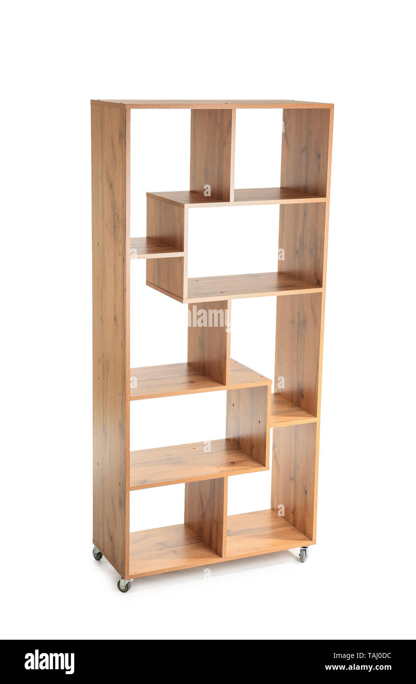 Wooden shelf unit on white background Stock Photo - Alamy