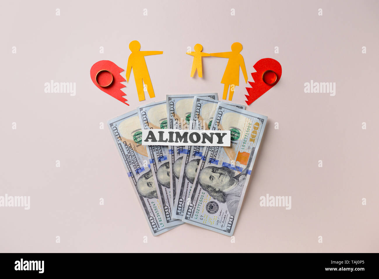 Word ALIMONY with money, paper figures of family and rings on light ...