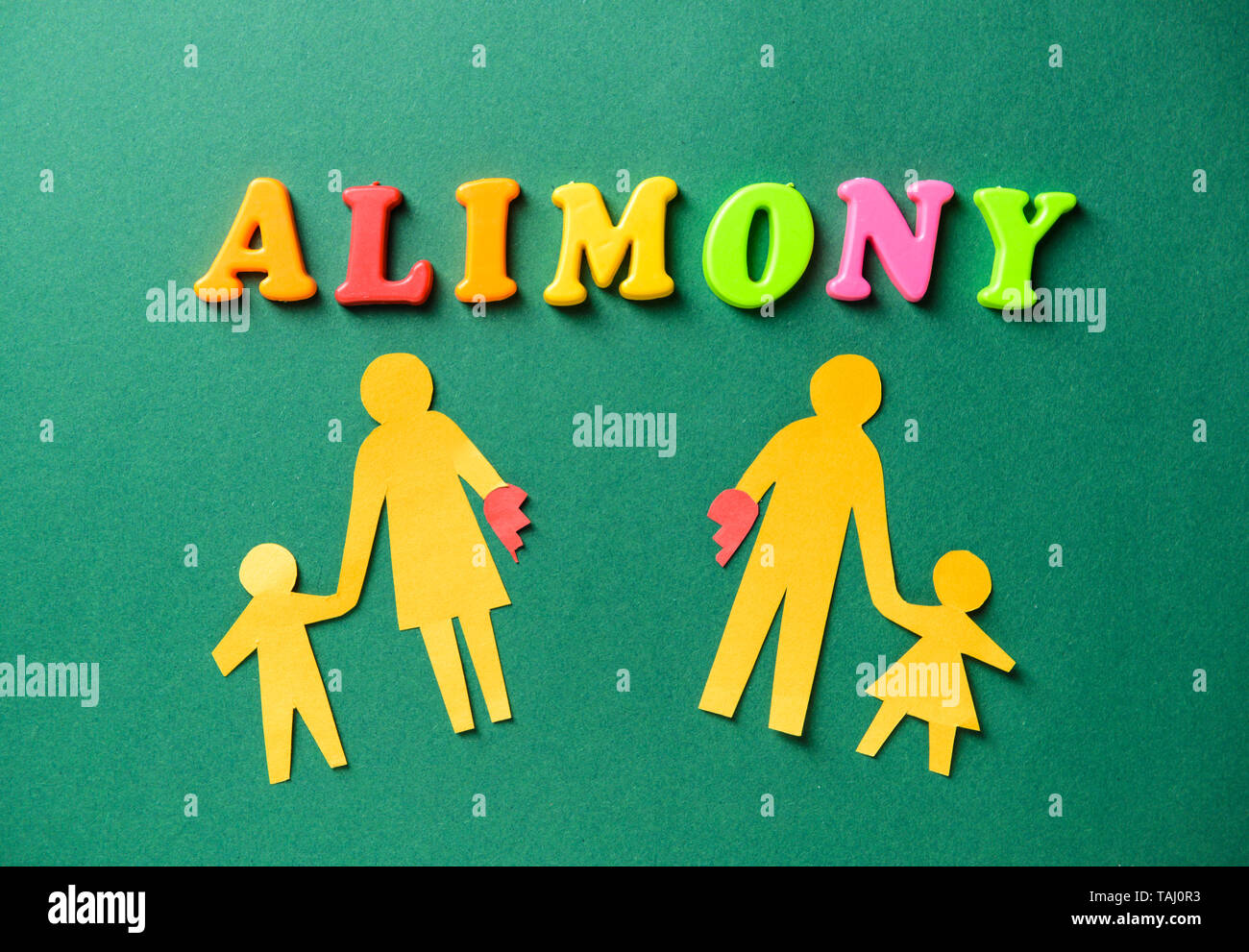 Word ALIMONY with paper figures of family on color background Stock ...