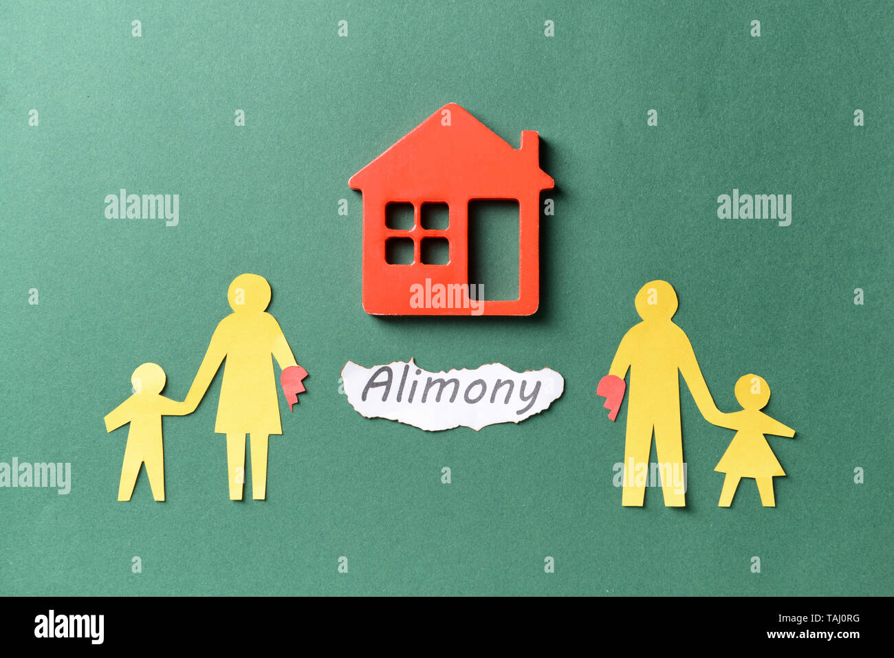 Word ALIMONY with paper figures of family and house on color background ...