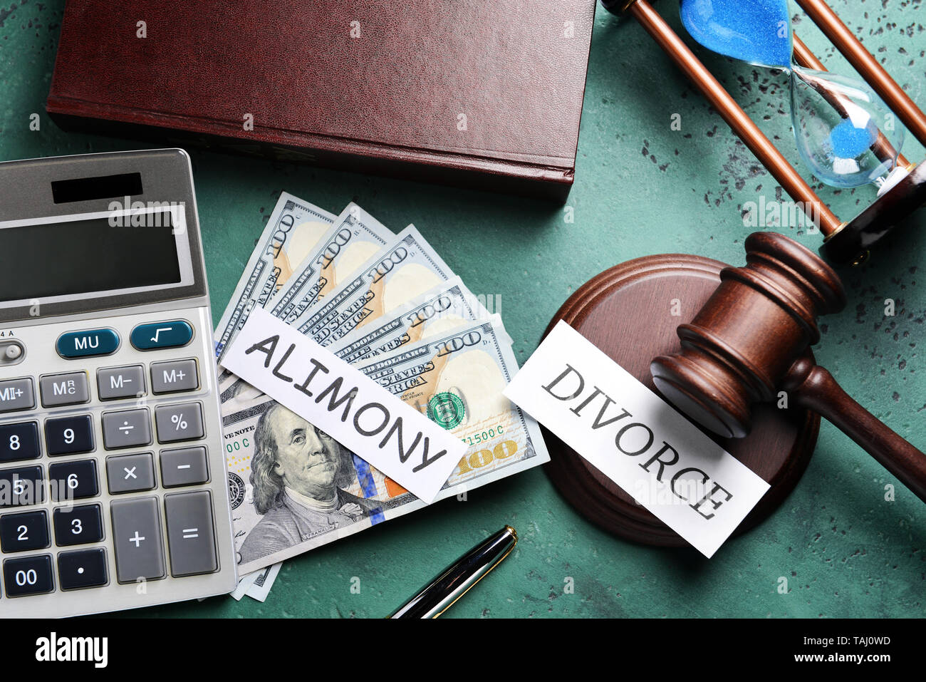 Composition with words ALIMONY and DIVORCE, money and calculator on ...