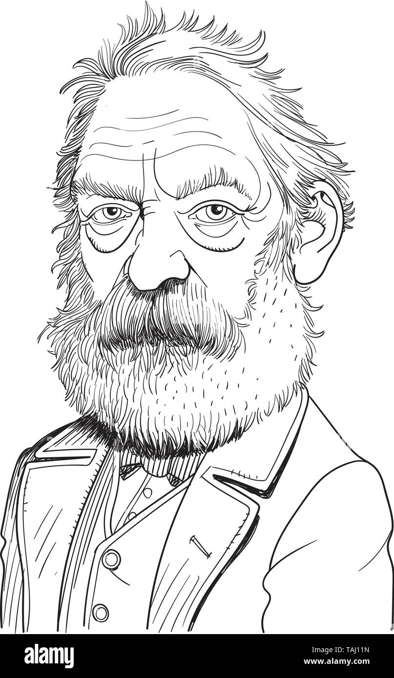 Victor Marie Hugo cartoon portrait in line art illustration. He was a ...