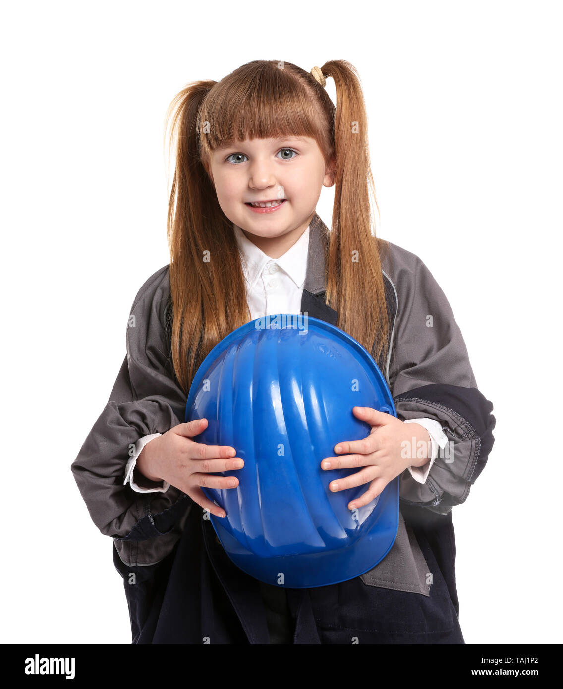 Portrait of cute little worker on white background Stock Photo - Alamy