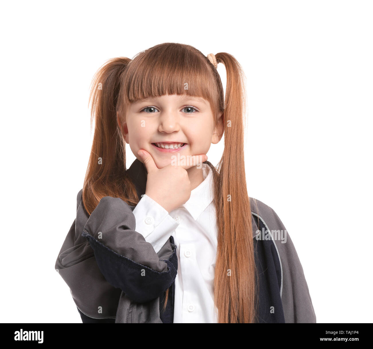 Portrait of cute little worker on white background Stock Photo - Alamy