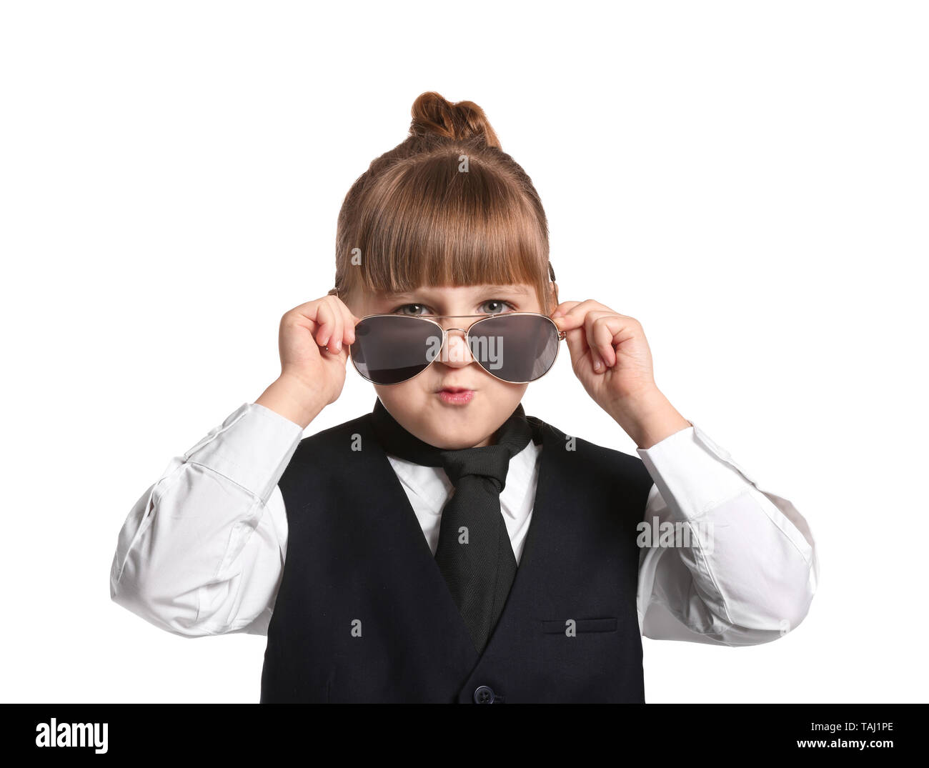 Portrait of cute little security guard on white background Stock Photo ...