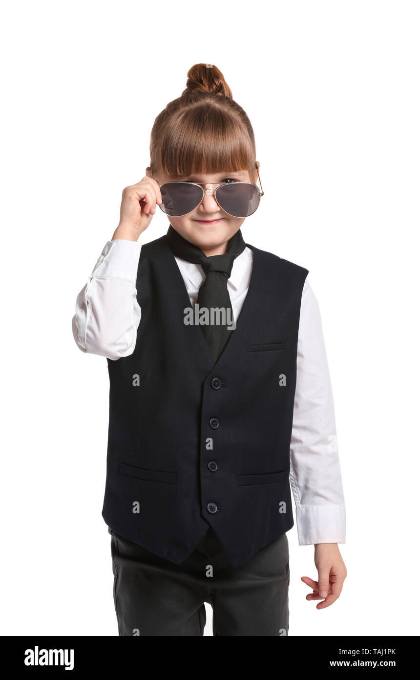 Portrait of cute little security guard on white background Stock Photo ...