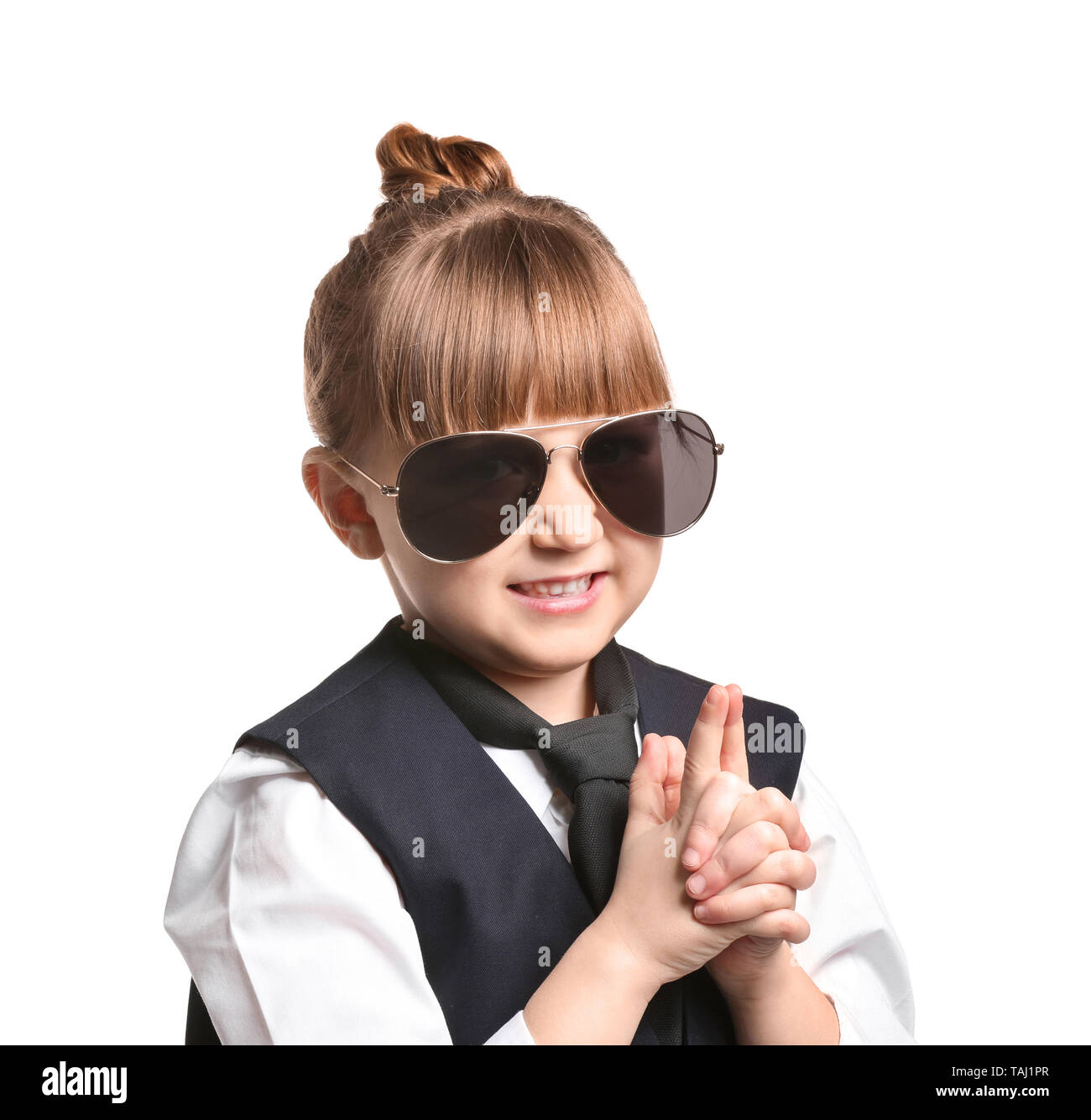 Portrait of cute little security guard on white background Stock Photo ...