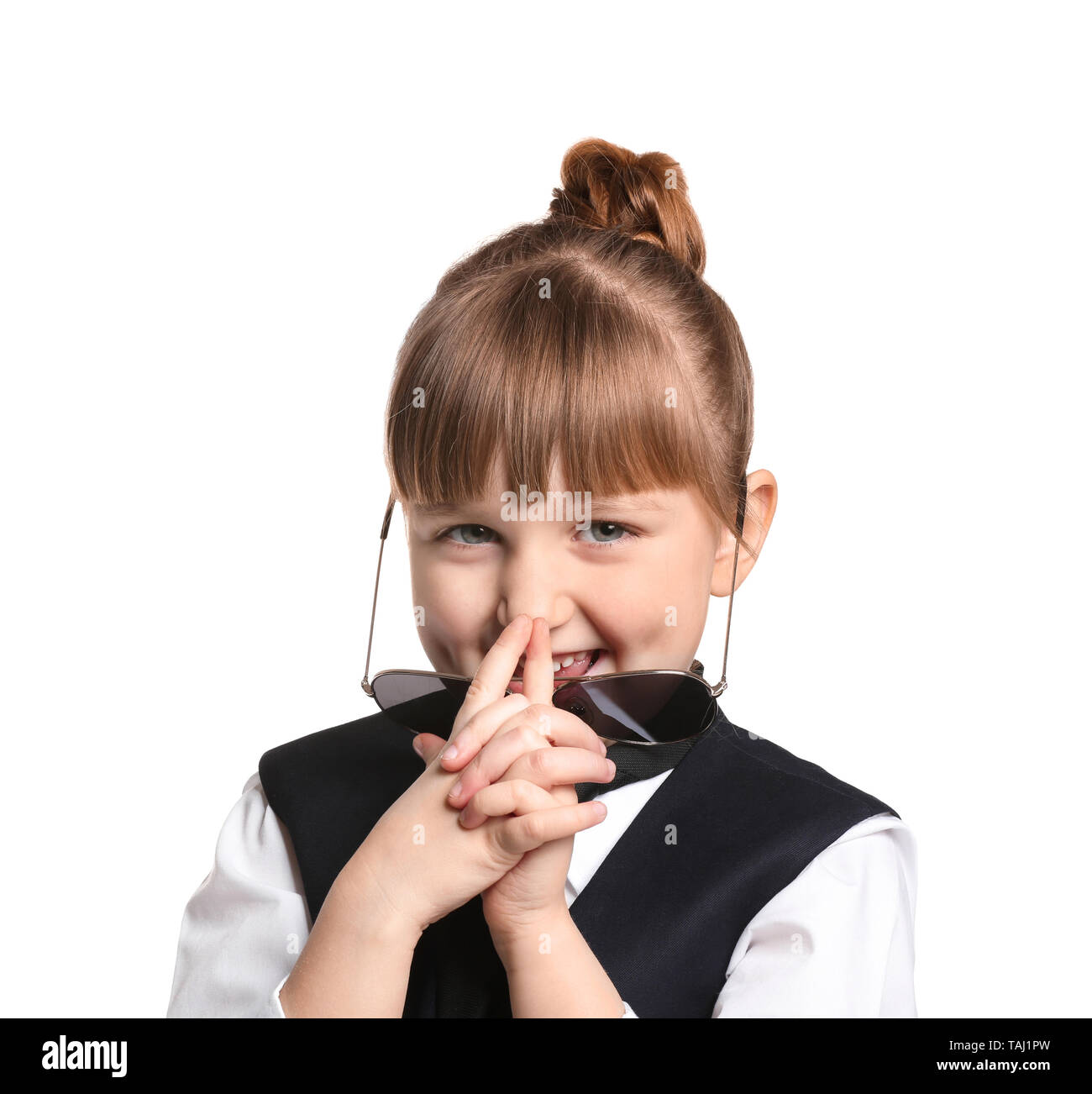 Portrait of cute little security guard on white background Stock Photo ...