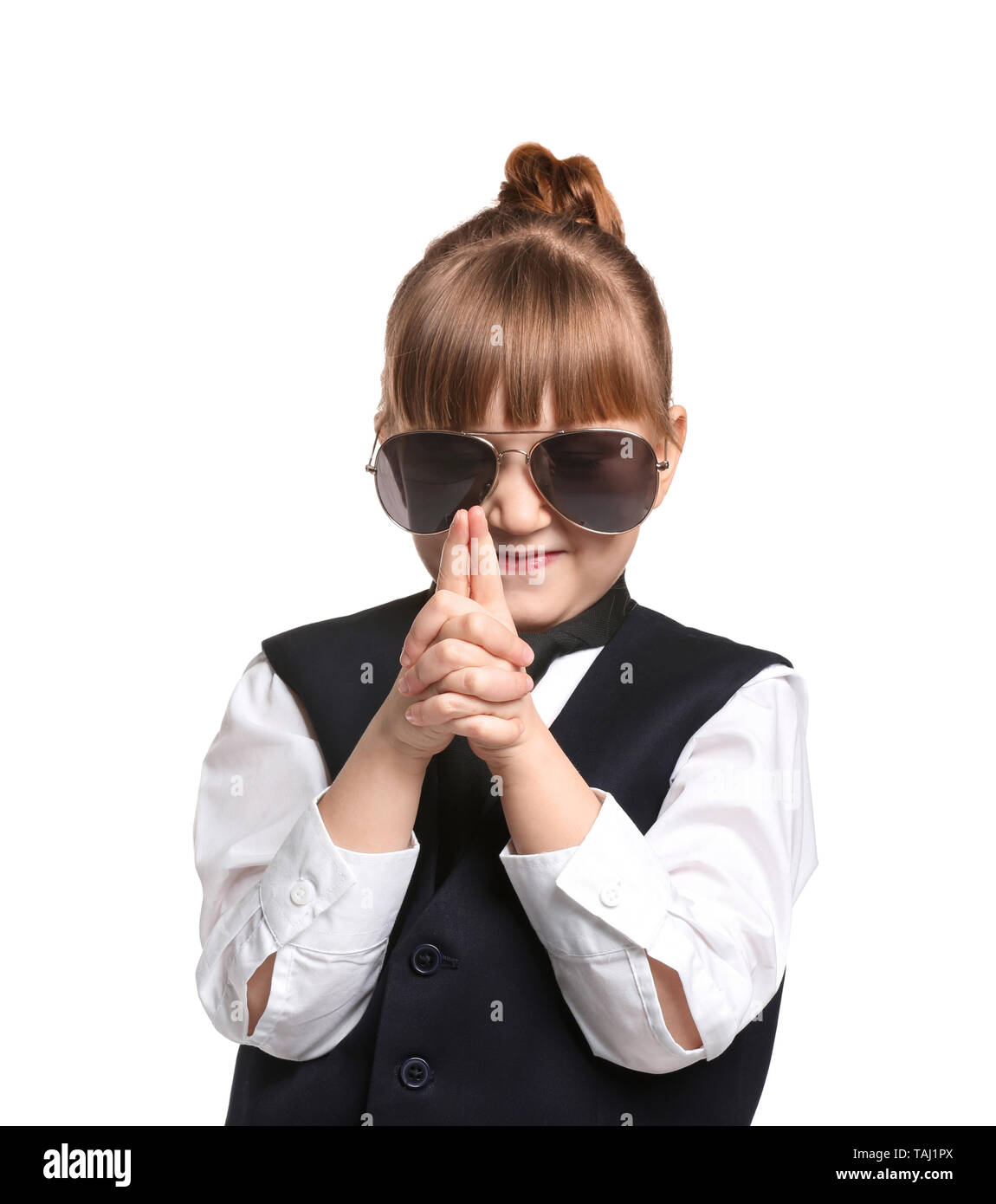 Portrait of cute little security guard on white background Stock Photo ...